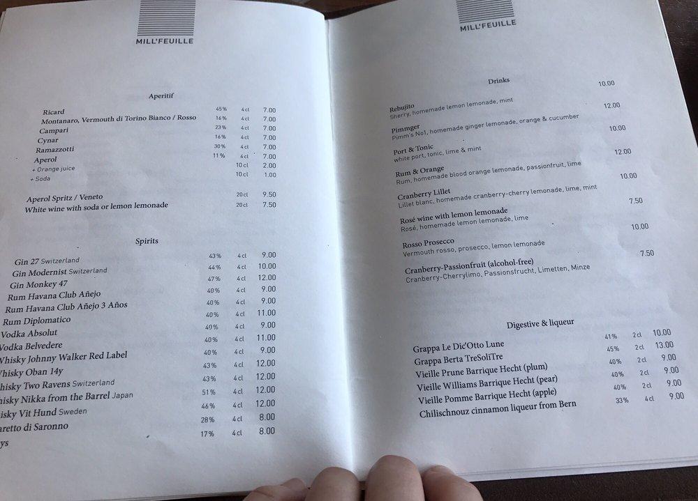 Menu at Mill'Feuille, Lucerne