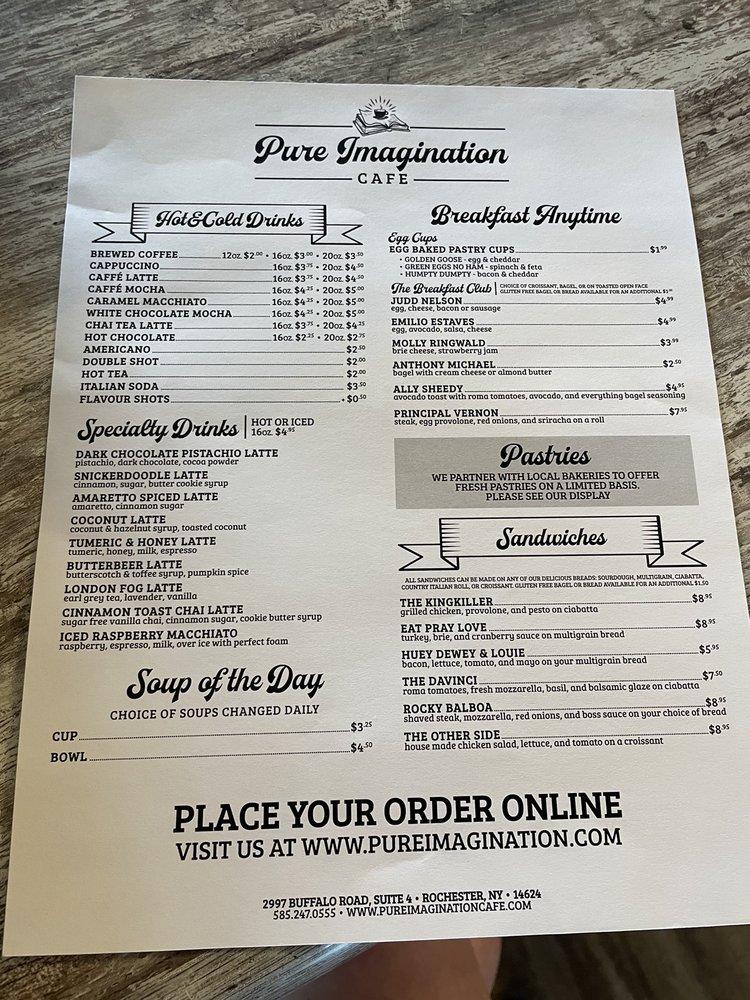 Menu at Pure Imagination Cafe, Rochester