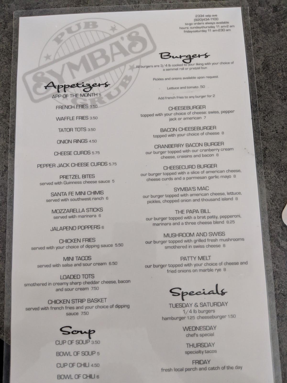 Menu at Symba's Pub & Grub, Green Bay