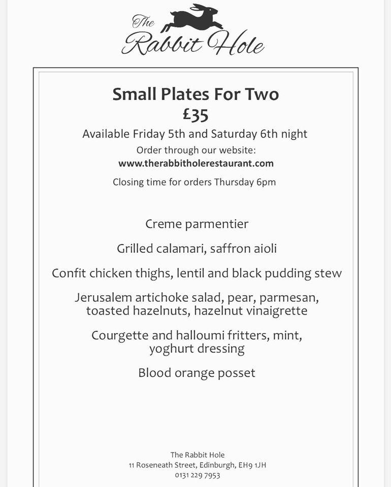 Menu at The Rabbit Hole restaurant, Edinburgh, 11 Roseneath St