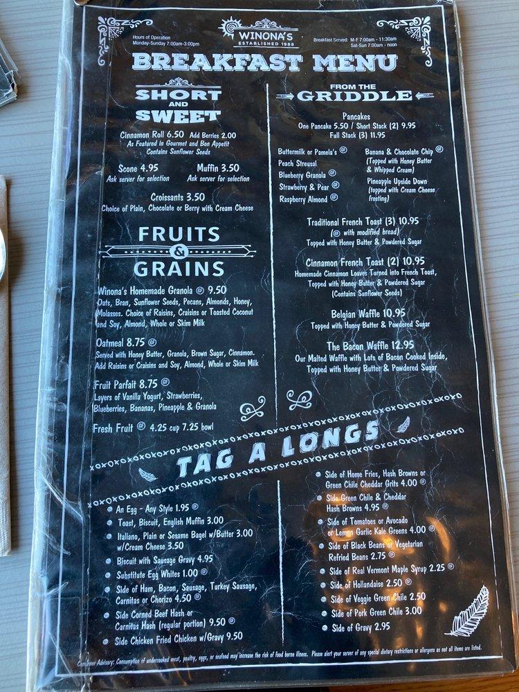 Menu at Winona's Restaurant, Steamboat Springs