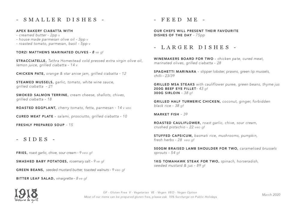 Menu at 1918 Bistro & Grill restaurant, Tanunda