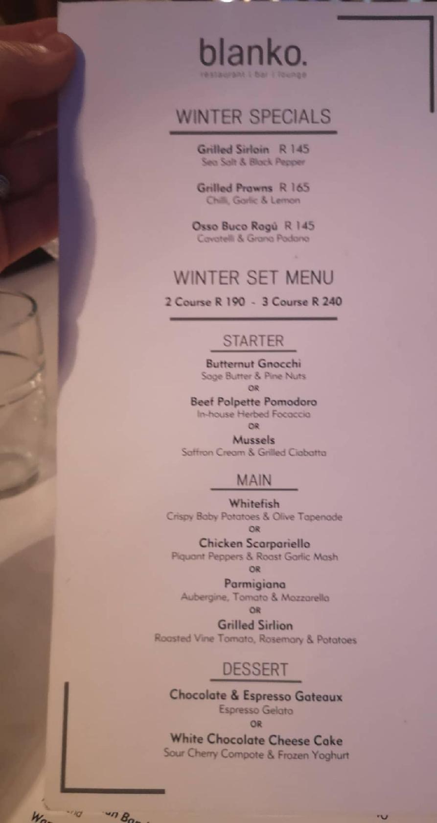 Speisekarte von Blanko restaurant, Kapstadt