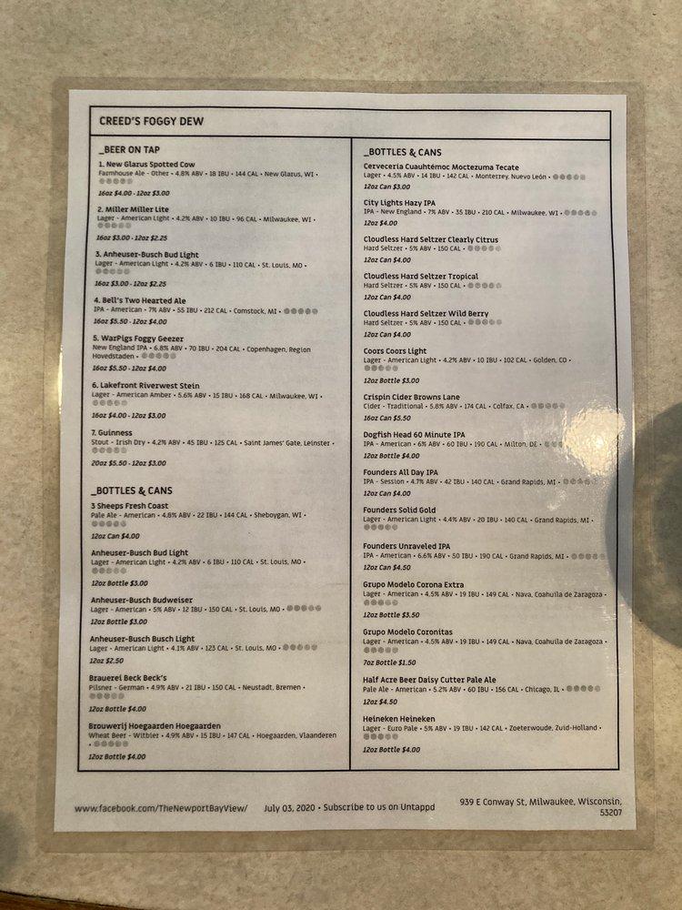 Menu at Creed's Foggy Dew pub & bar, Saint Francis