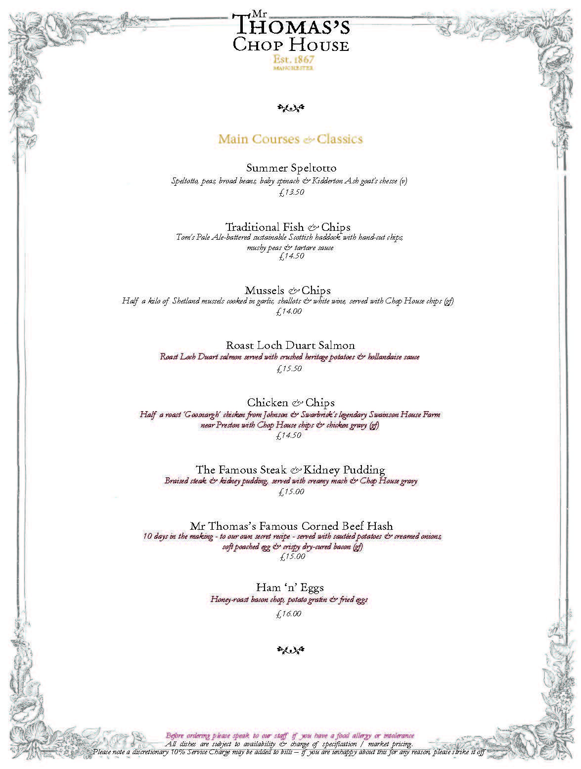 Menu at MR THOMAS'S CHOP HOUSE pub & bar, Manchester