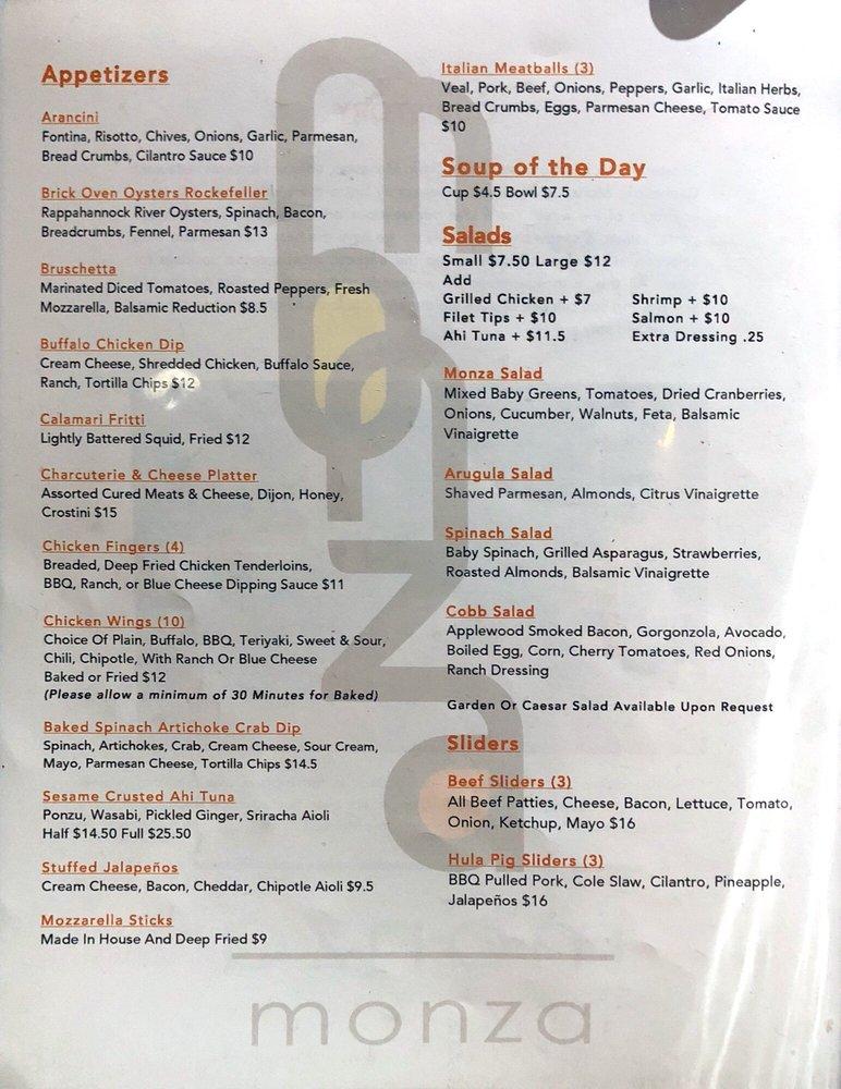 Menu at Monza pub & bar, Manassas, Battle St
