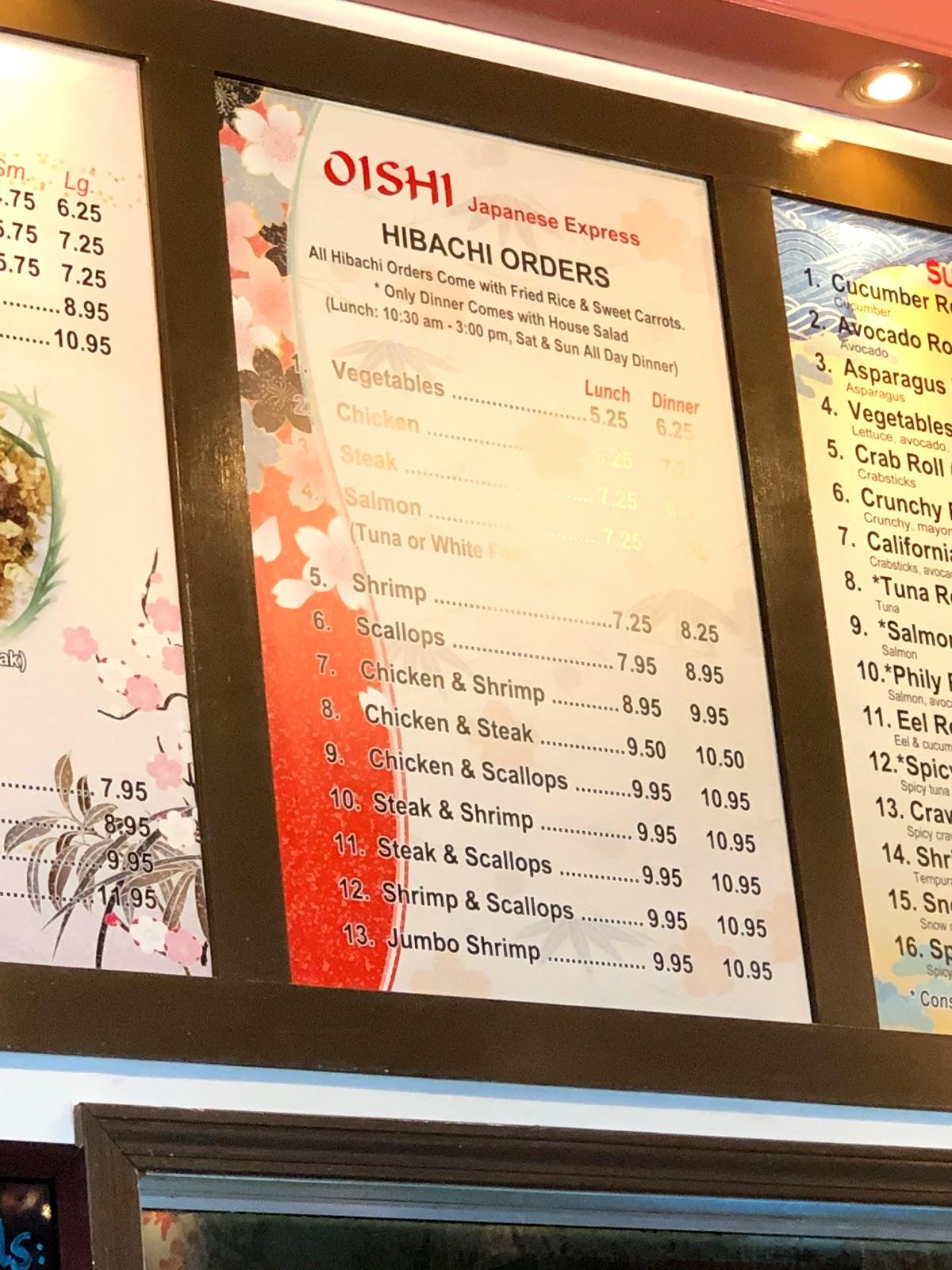 Menu at Oishi Japanese Express restaurant, Tupelo