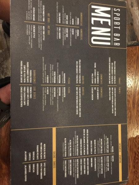 Menu at Sports Bar, Punta Cana, Grand Palladium Punta Cana Resort & Spa