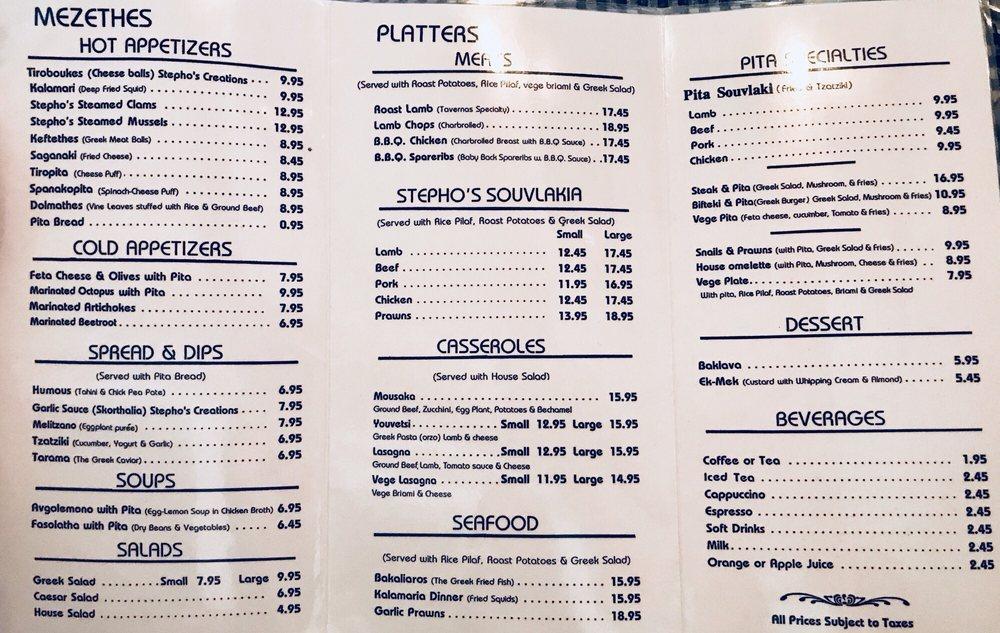 Menu at Stepho's Souvlaki Greek Taverna restaurant, Vancouver, Davie St