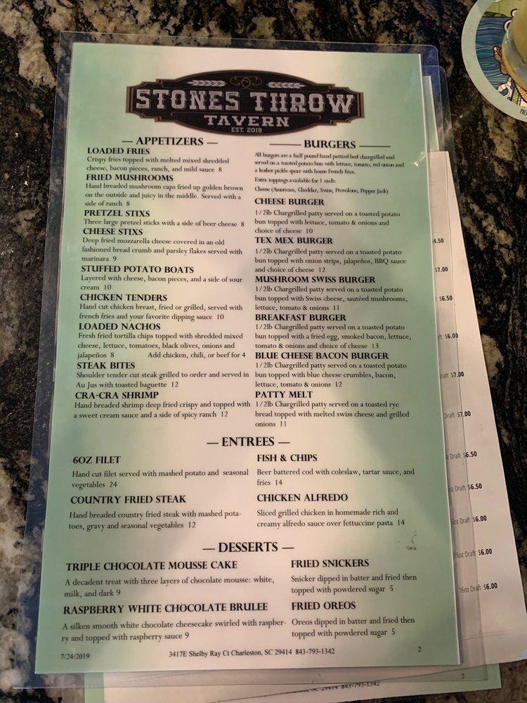 Menu at Stones Throw Tavern pub & bar, Charleston