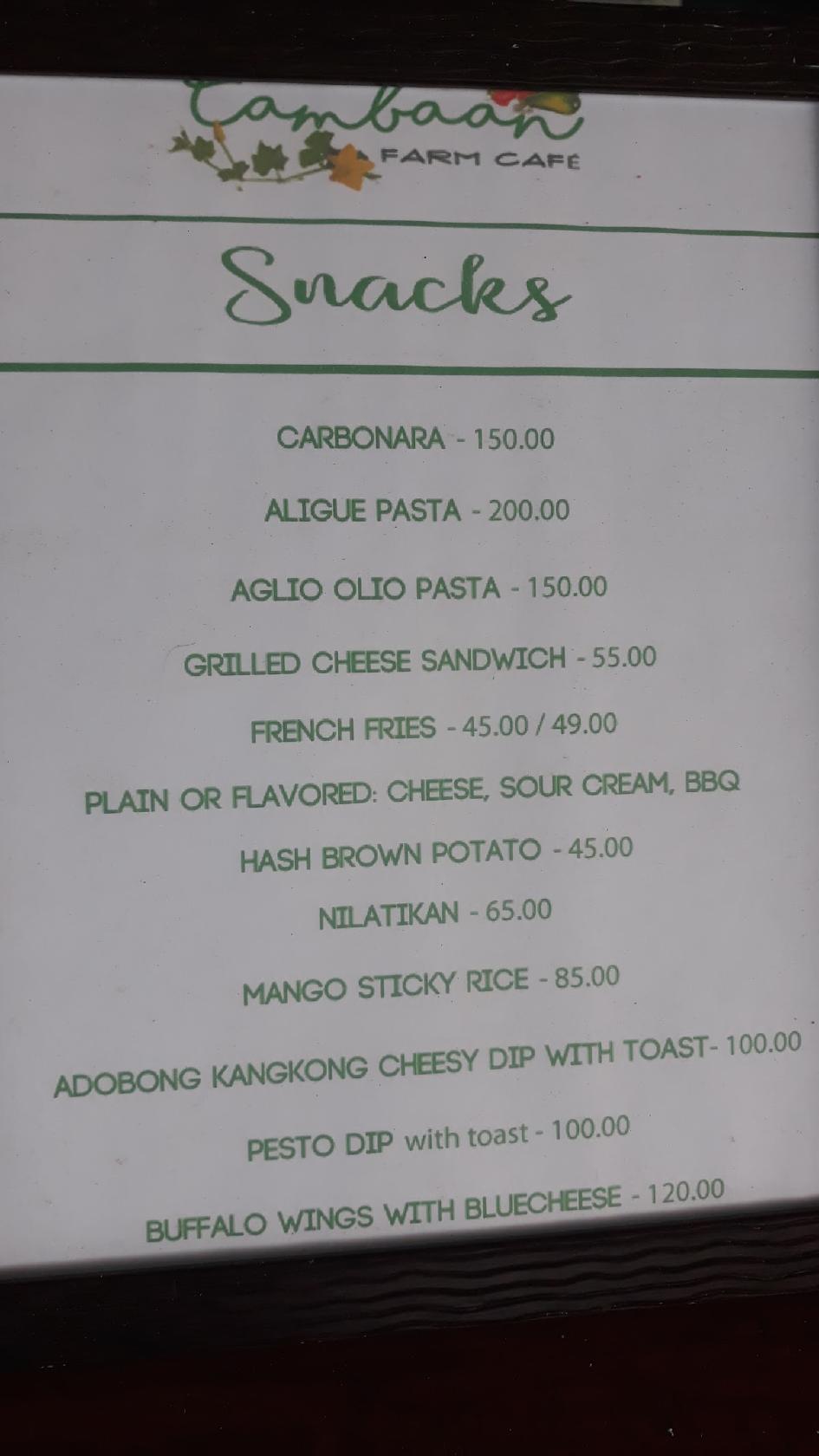 Menu at Tambaan Farm Cafe, Hilongos