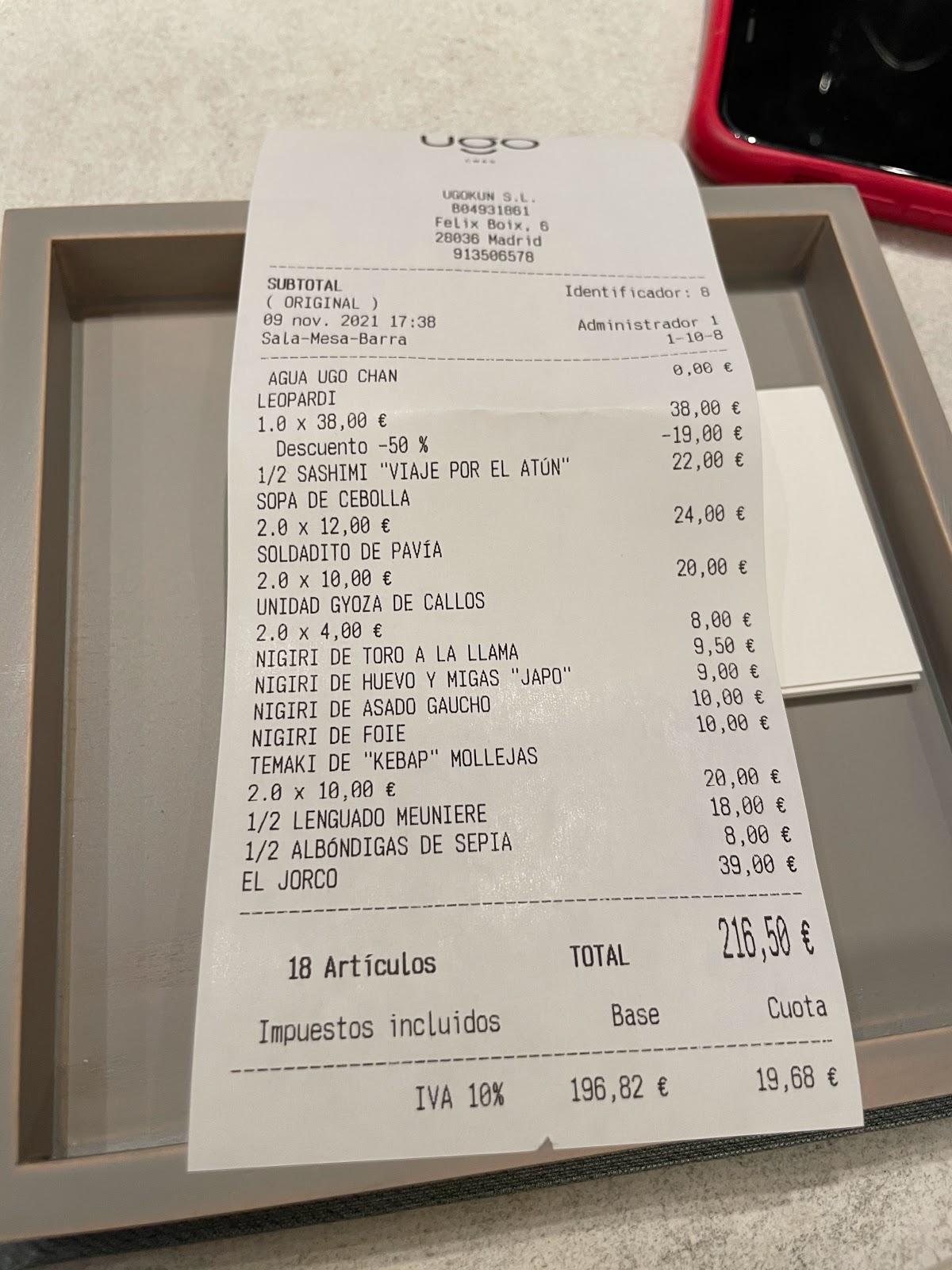 Carta del restaurante Ugo Chan, Madrid, C. Félix Boix