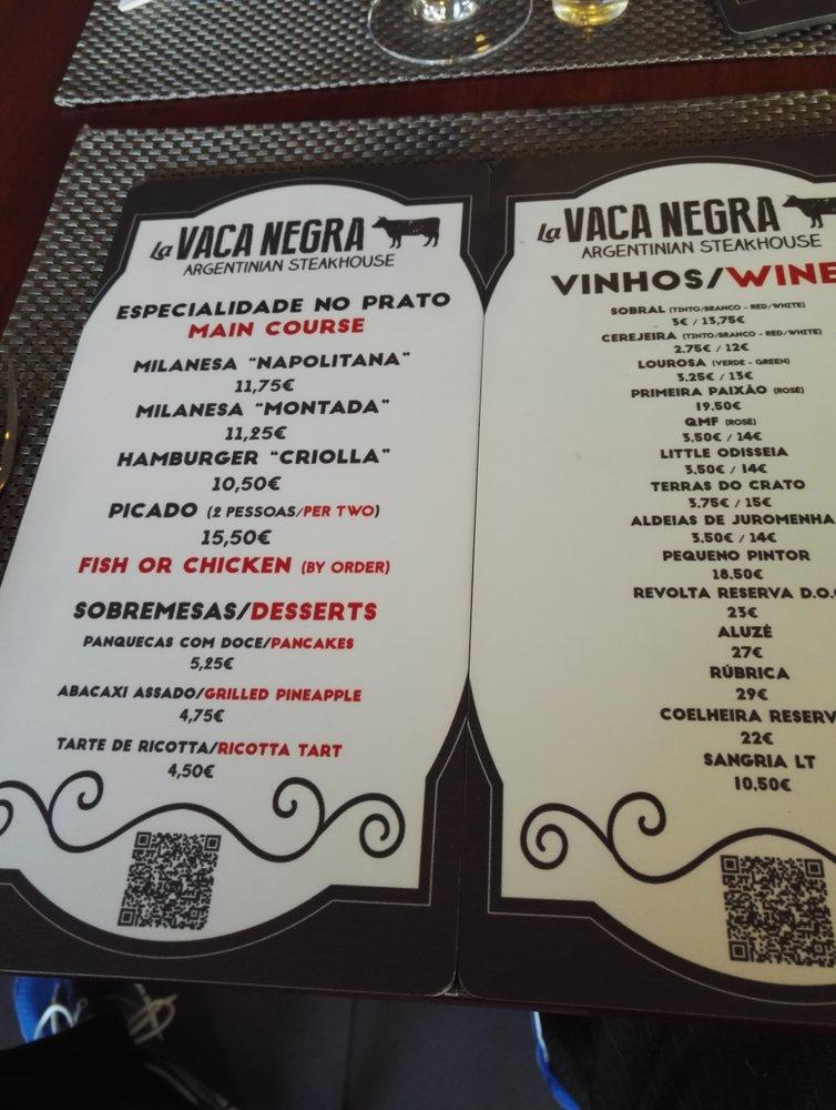Menu at La Vaca Negra steakhouse, Funchal
