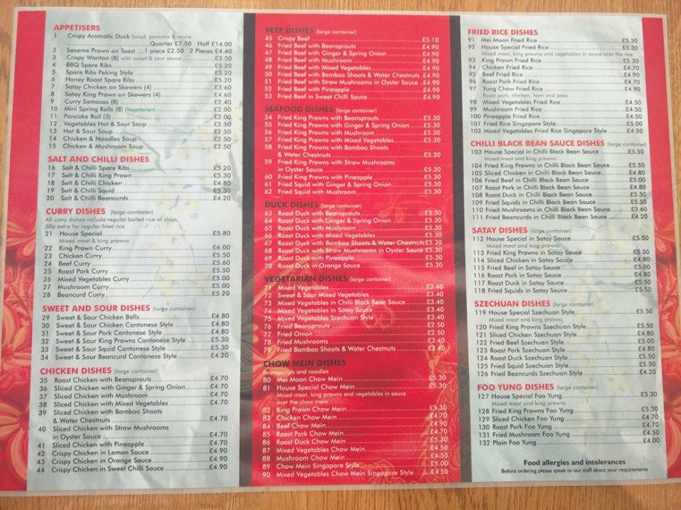 Menu at Mei Moon restaurant, Port Talbot