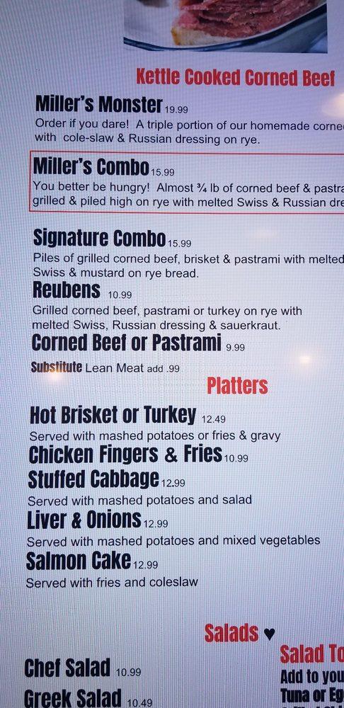 Menu at Miller's Deli restaurant, Baltimore, Smith Ave