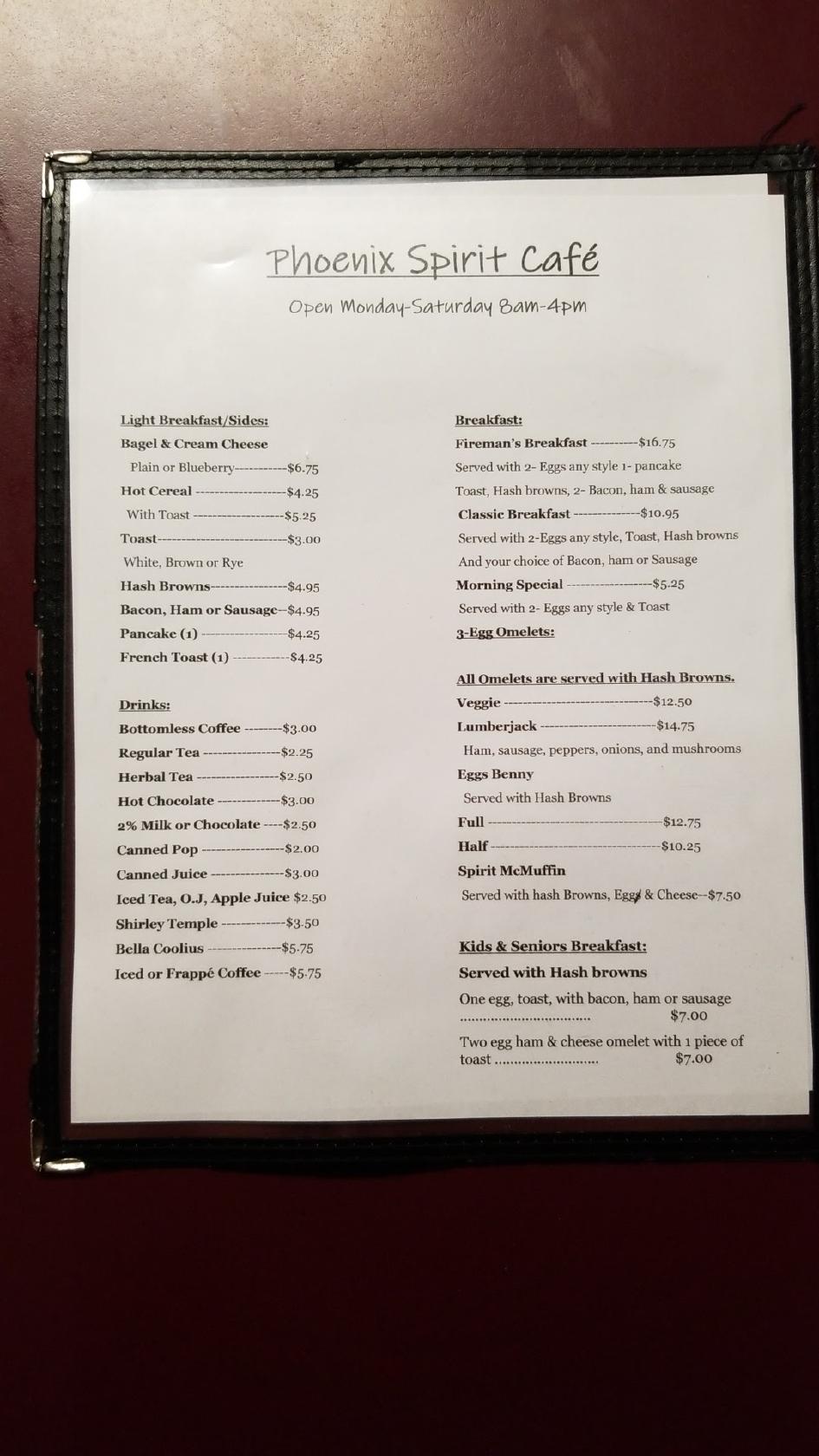 Menu at Phoenix Spirit Cafe, Bella Coola