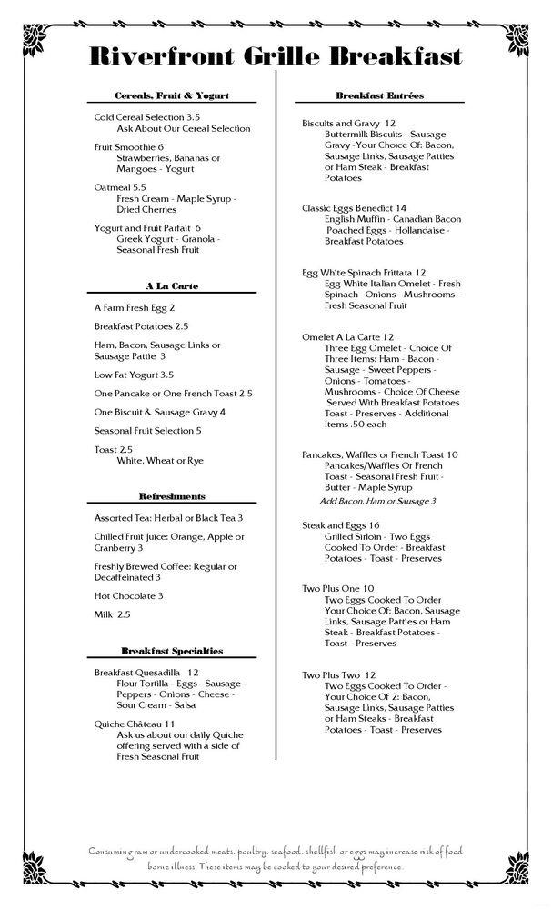 Menu at Riverfront Grille restaurant, Bay City