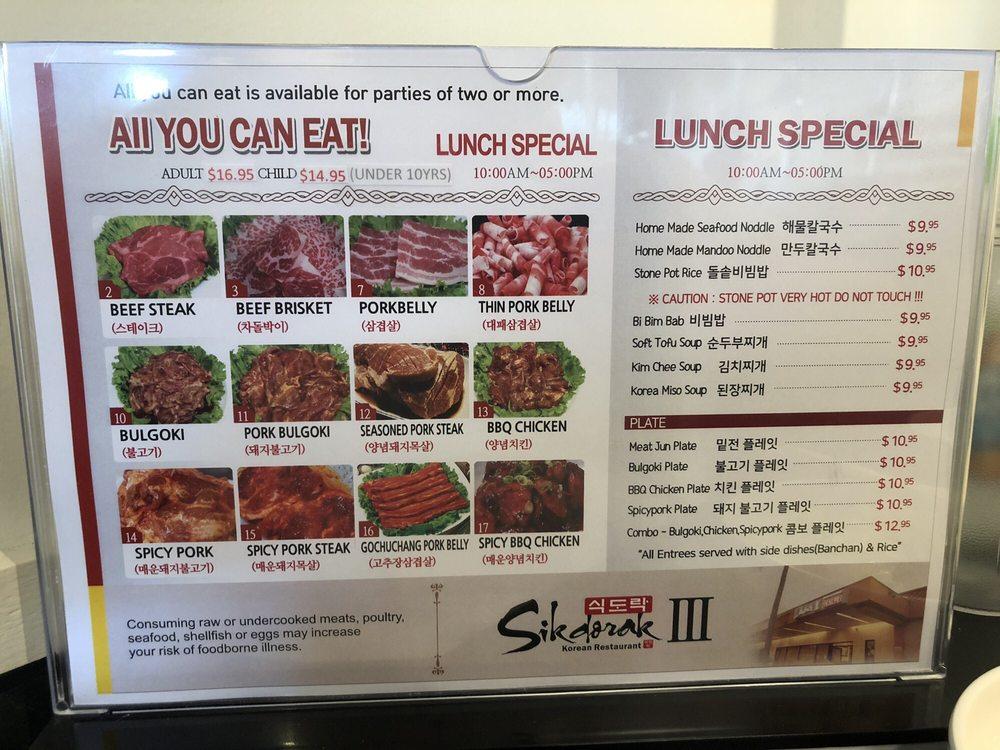 Carta del restaurante Sikdorak III, Aiea