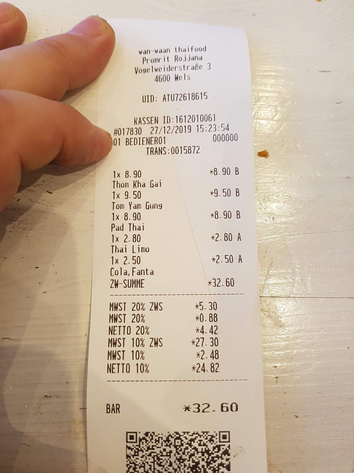 Speisekarte von wan-waan thaifood restaurant, Wels