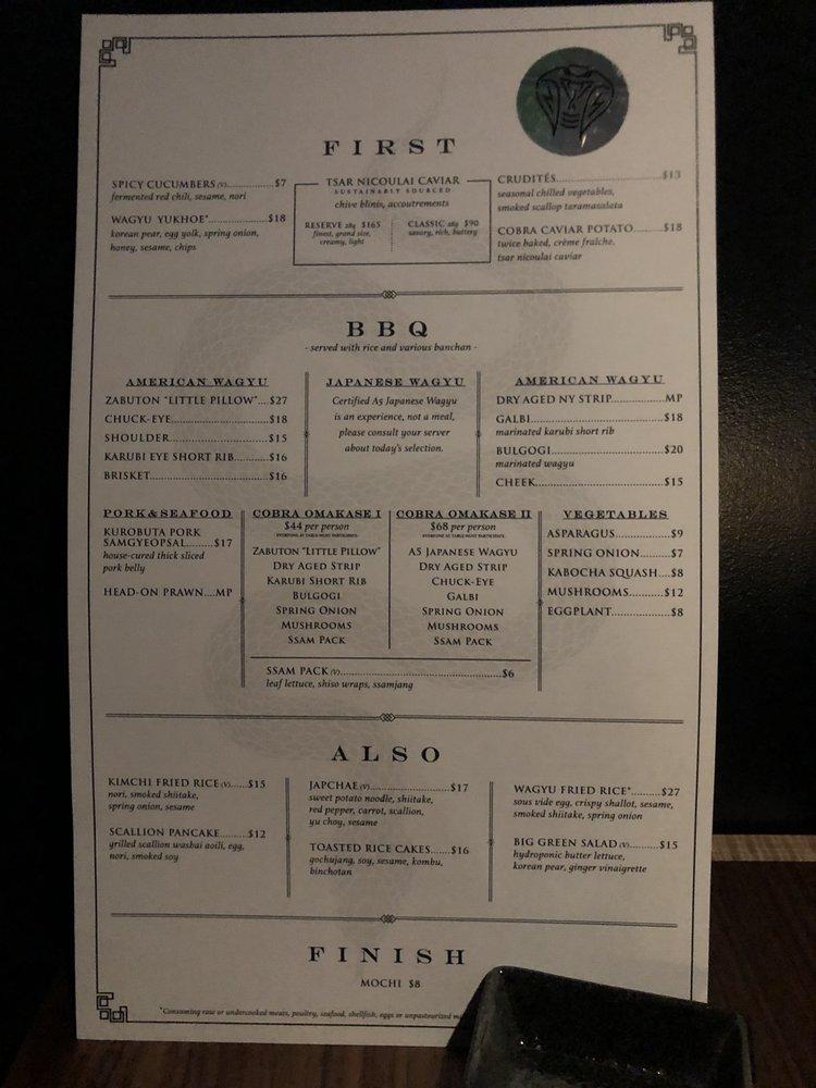 Menu at COBRA restaurant, Pittsburgh