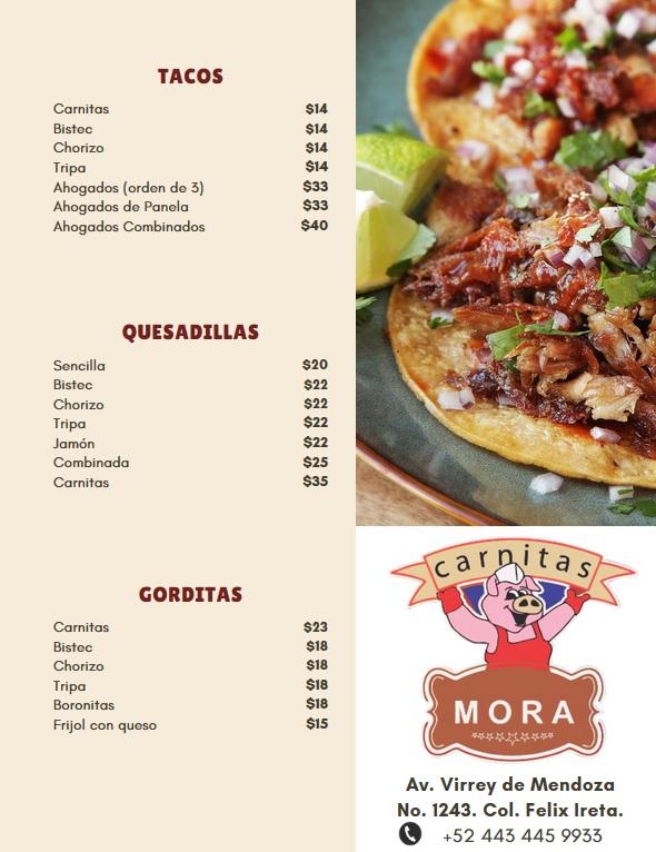 Menu at Carnitas Mora restaurant, Morelia