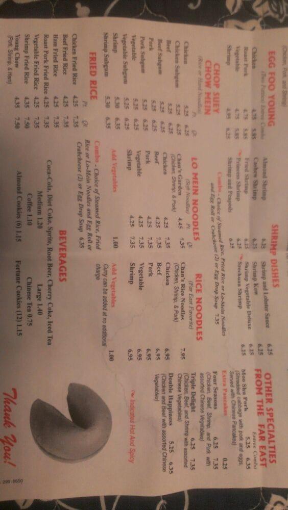 Menu at Chan's Garden Restaurant, Saginaw
