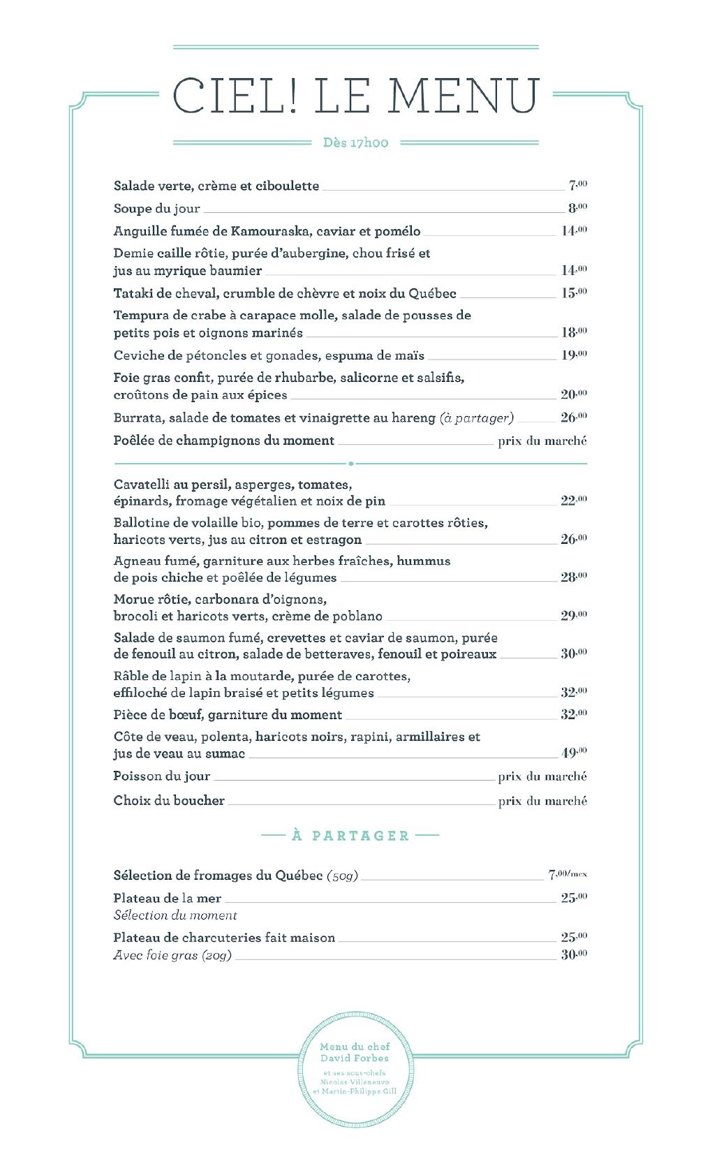 Menu au Ciel! Bistro Bar Tournant, Québec