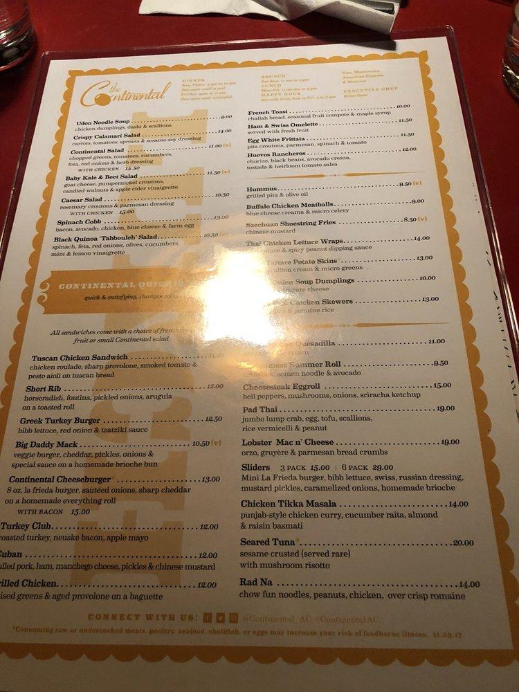 Menu at Continental pub & bar, Atlantic City