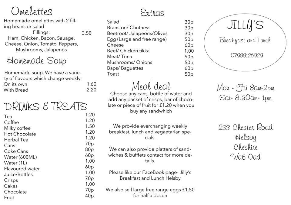 Menu at Jillys, Helsby
