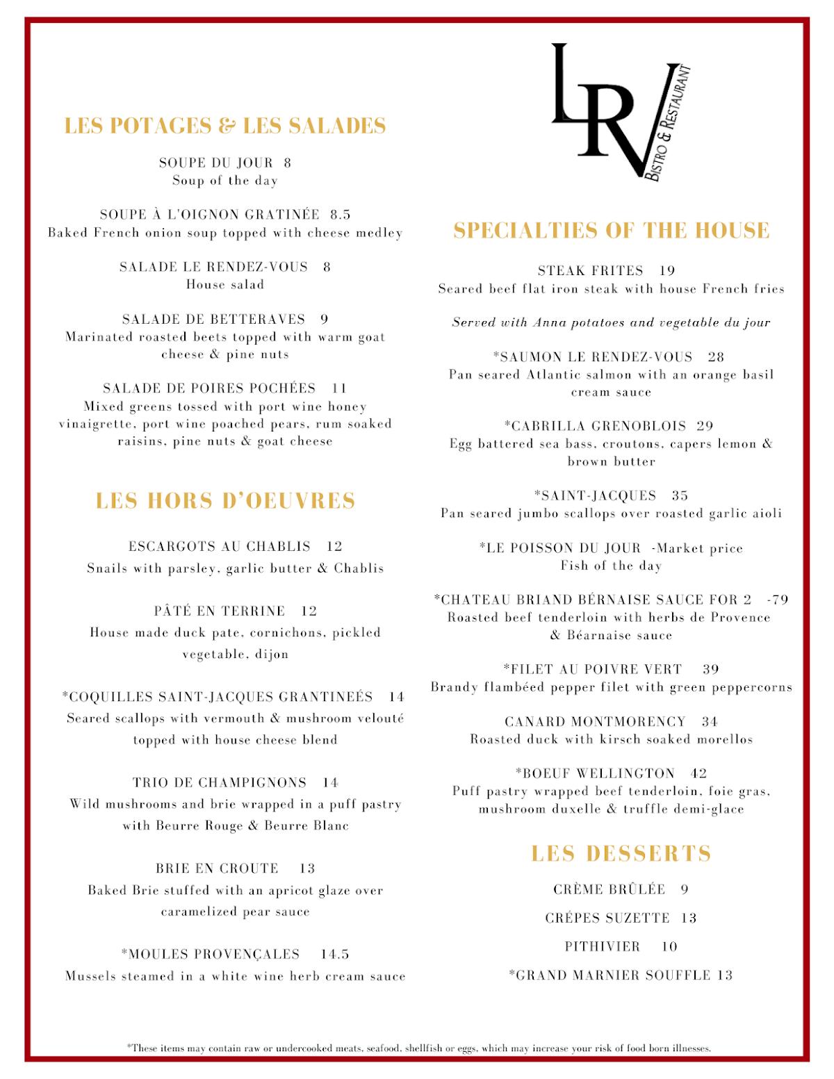 Menu at Le Rendez-vous restaurant, Tucson, E Fort Lowell Rd