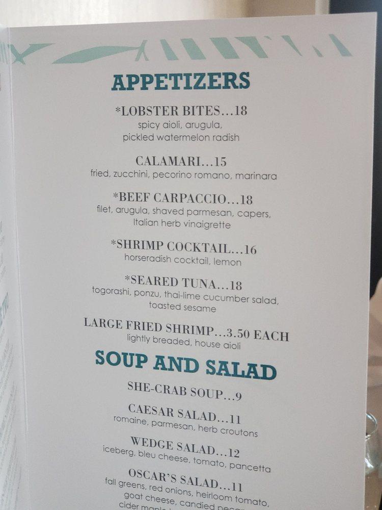 Menu at Oscar's Oceanside restaurant, Virginia Beach