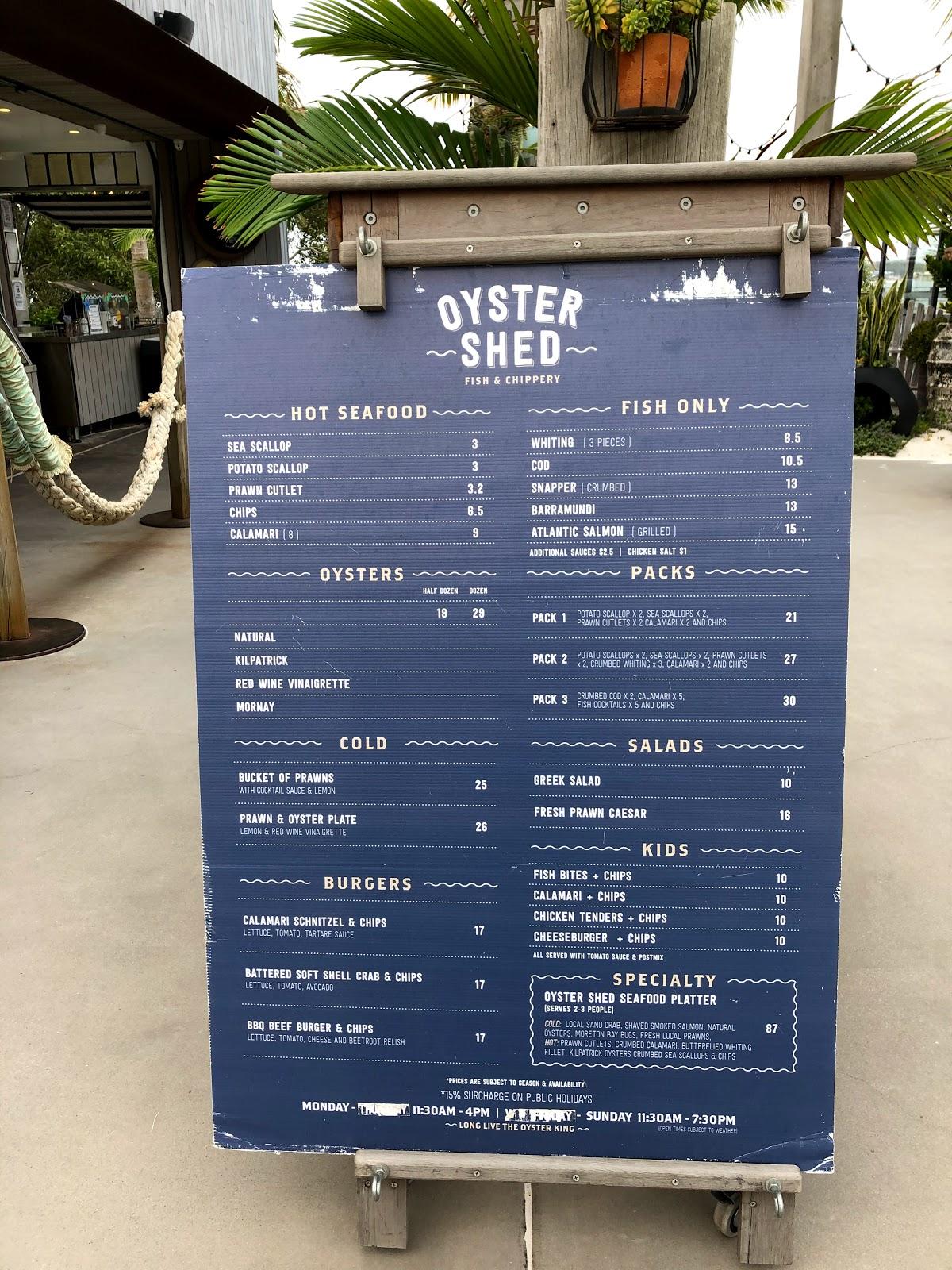 Menu at Oyster Shed Beach Club, Sandstone Point