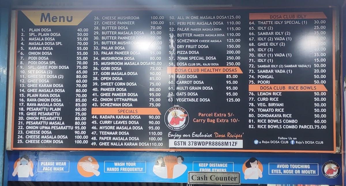 Menu at Raju's Dosa Club, Tirupati