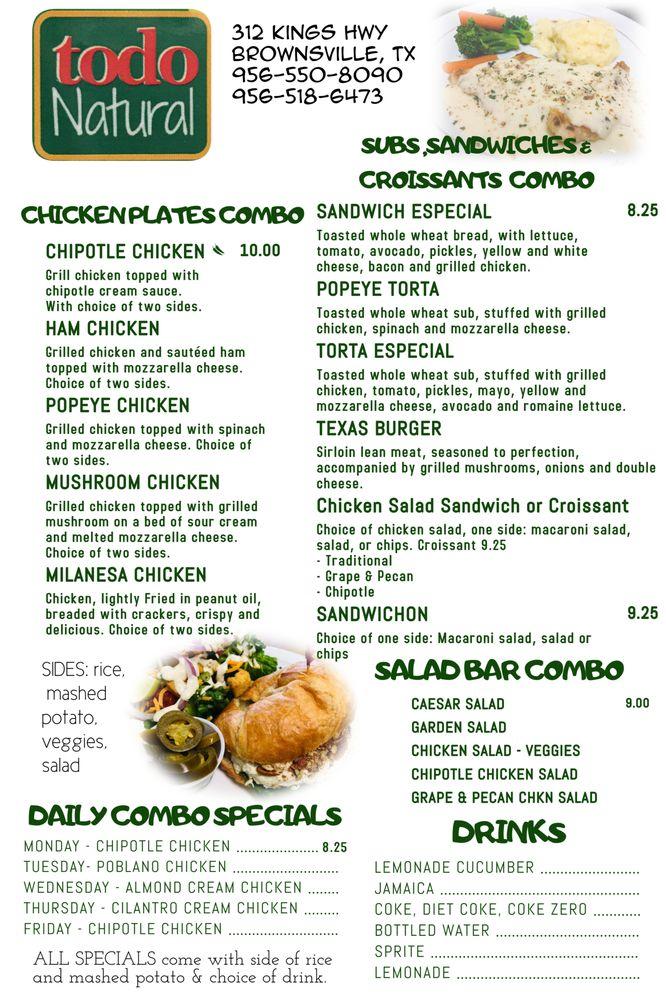 Menu at Todo Natural restaurant, Brownsville