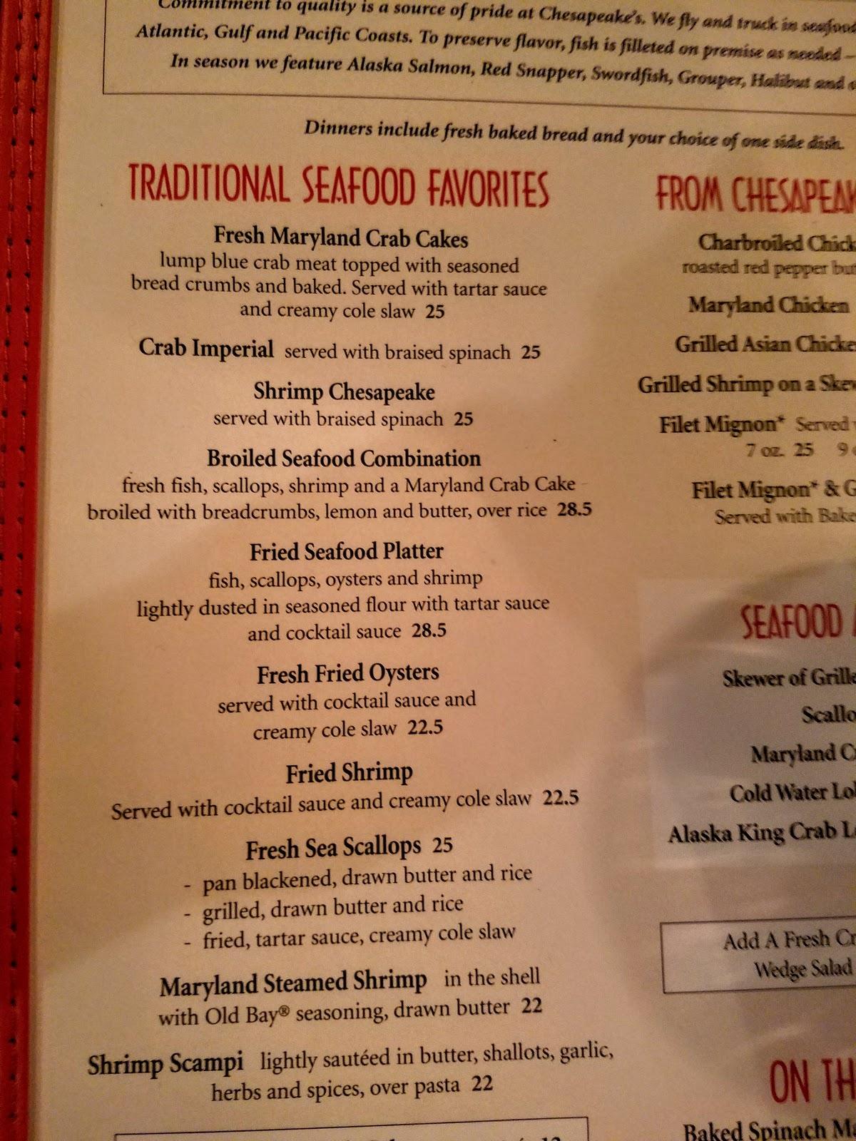 Menu at Chesapeake's Seafood Restaurant, Knoxville, 415 Locust St