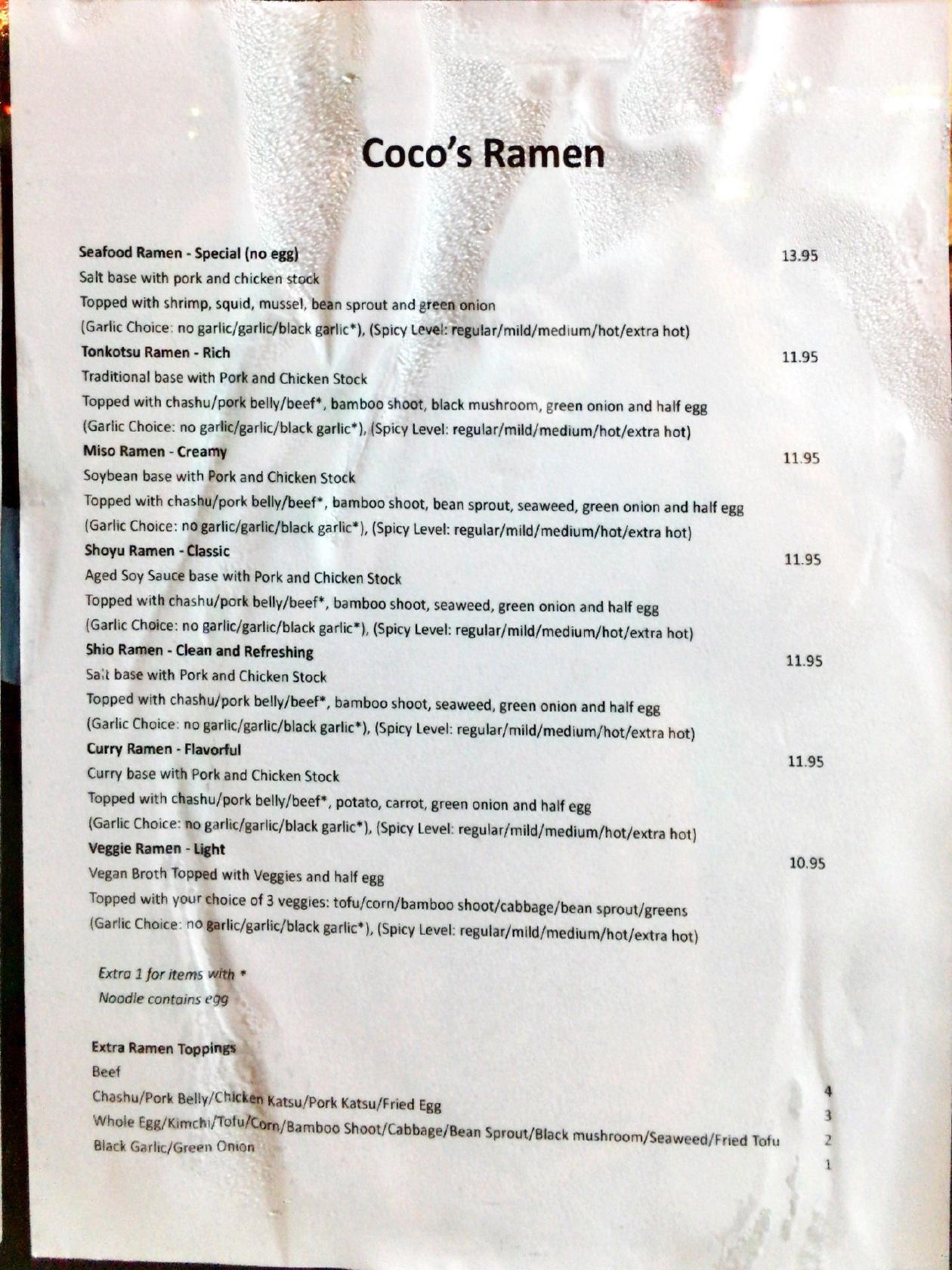 Menu at Coco's Ramen restaurant, Chico