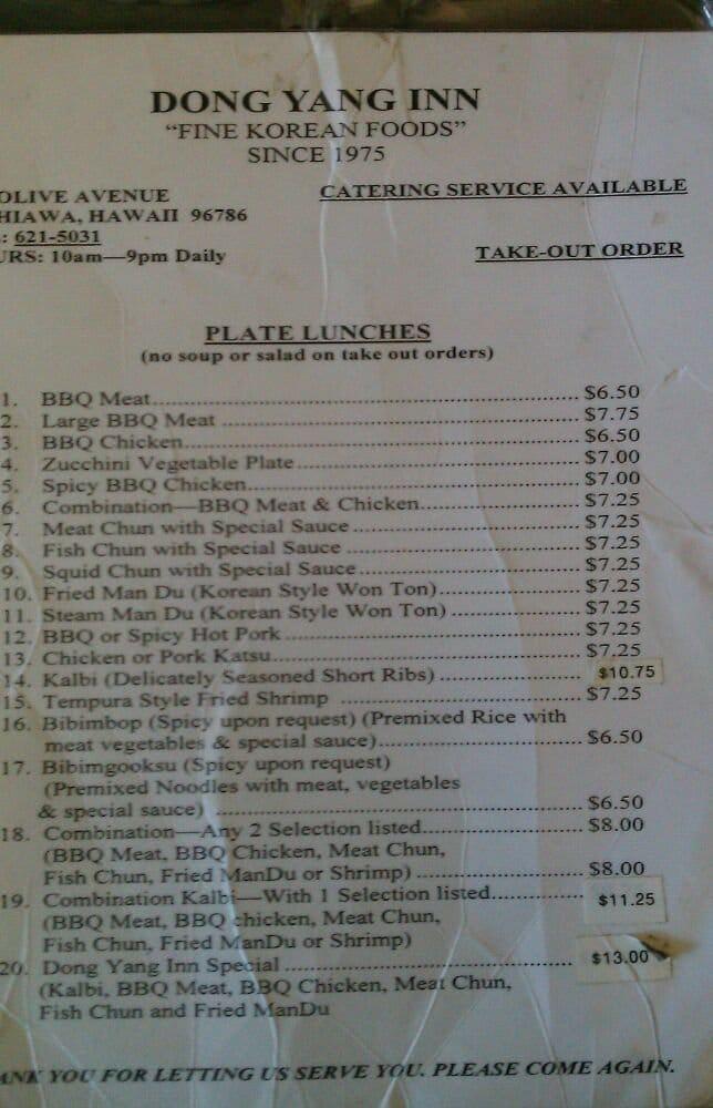 Menu at Dong Yang Inn restaurant, Wahiawa