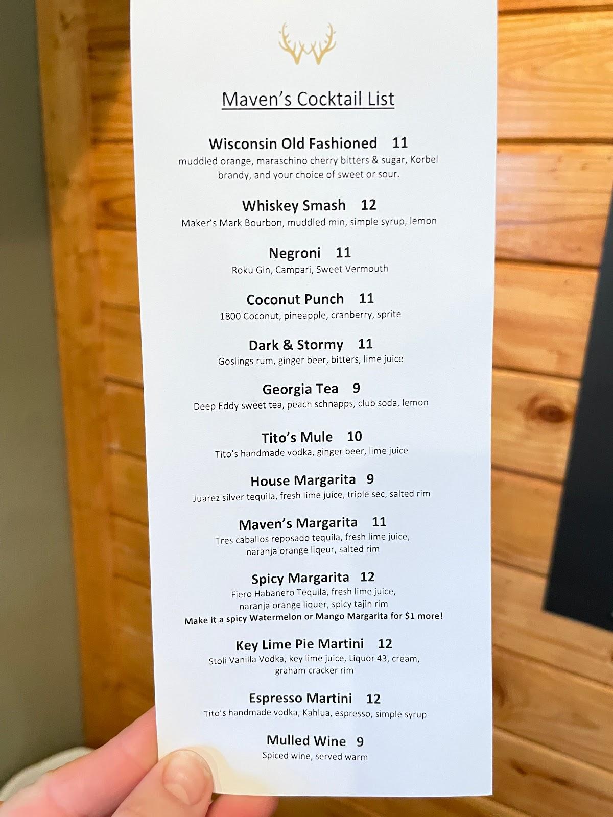 Menu at Maven's Inn & Grill restaurant, Canyon Lake