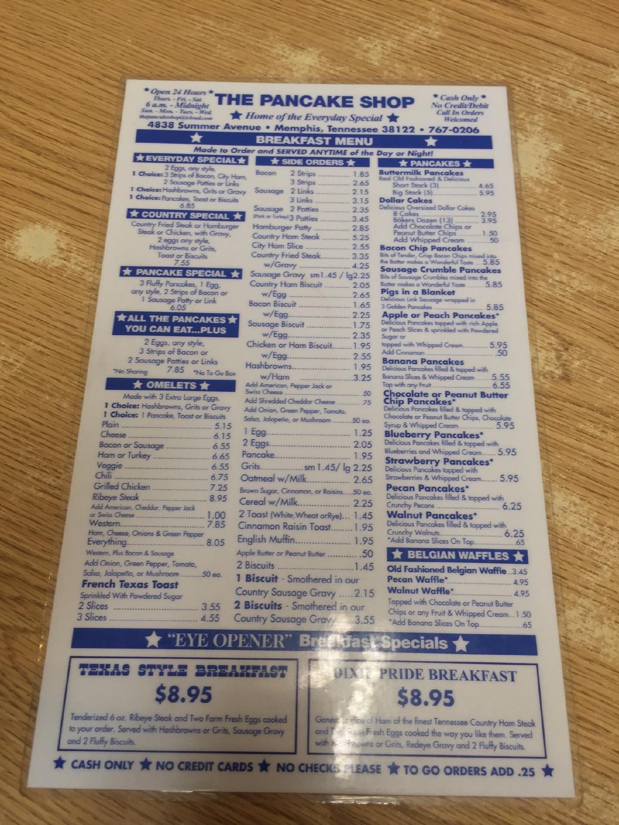 Menu at Pancake Shop restaurant, Memphis