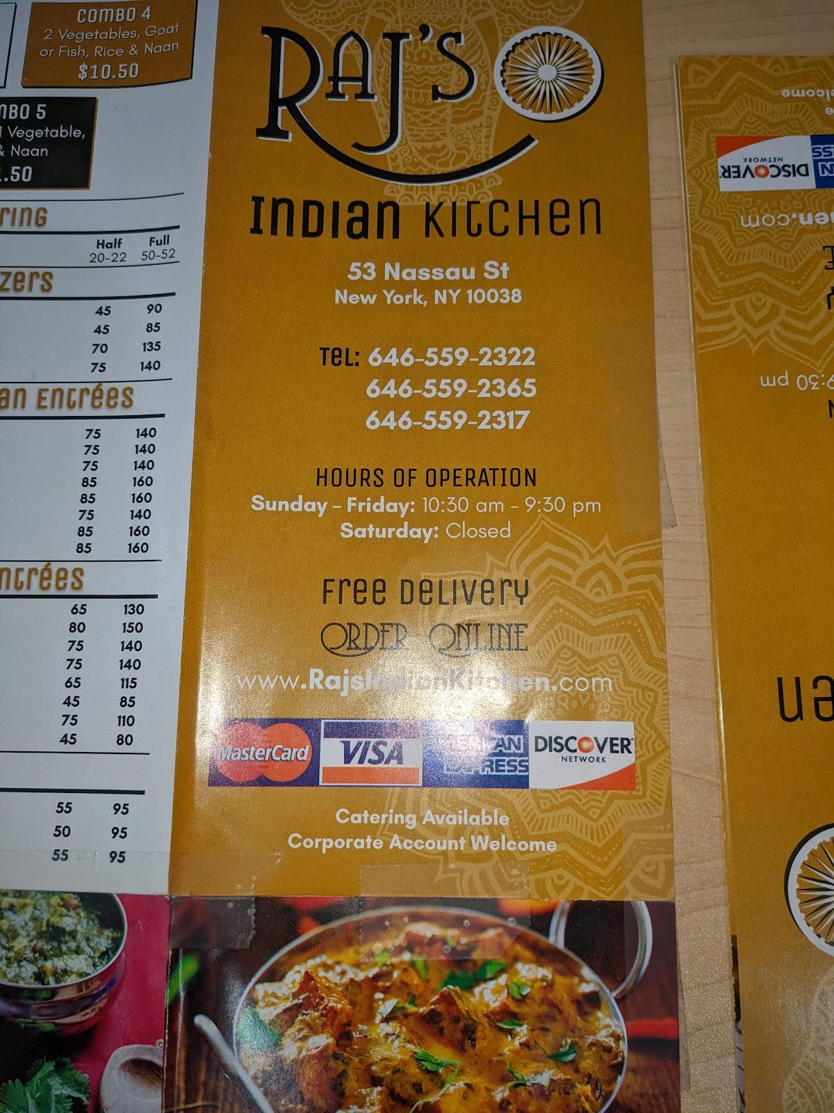 Menu at Raj's Indian Kitchen FiDi restaurant, New York City, 53 Nassau St