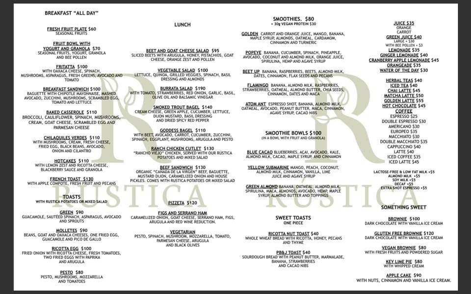Carta del restaurante Rustica, San Miguel del Allende