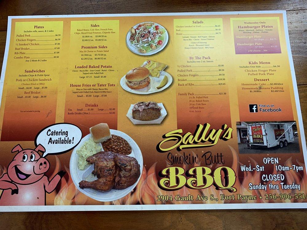 Menu at Sally's Smokin Butt BBQ, Fort Payne