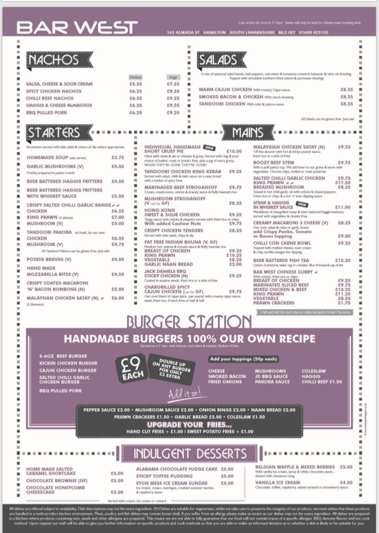 Menu at Bar West, Hamilton