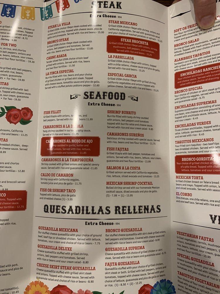 Menu at Bronco Mexican Restaurant, Spartanburg, Union St