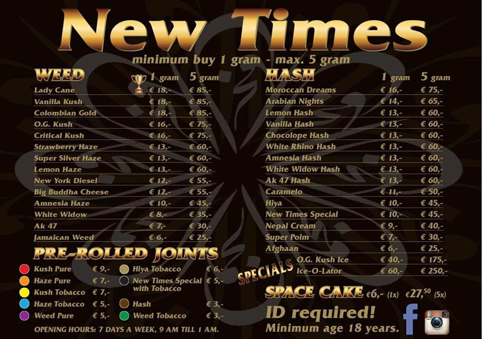 Menu at Coffeeshop New Times, Amsterdam