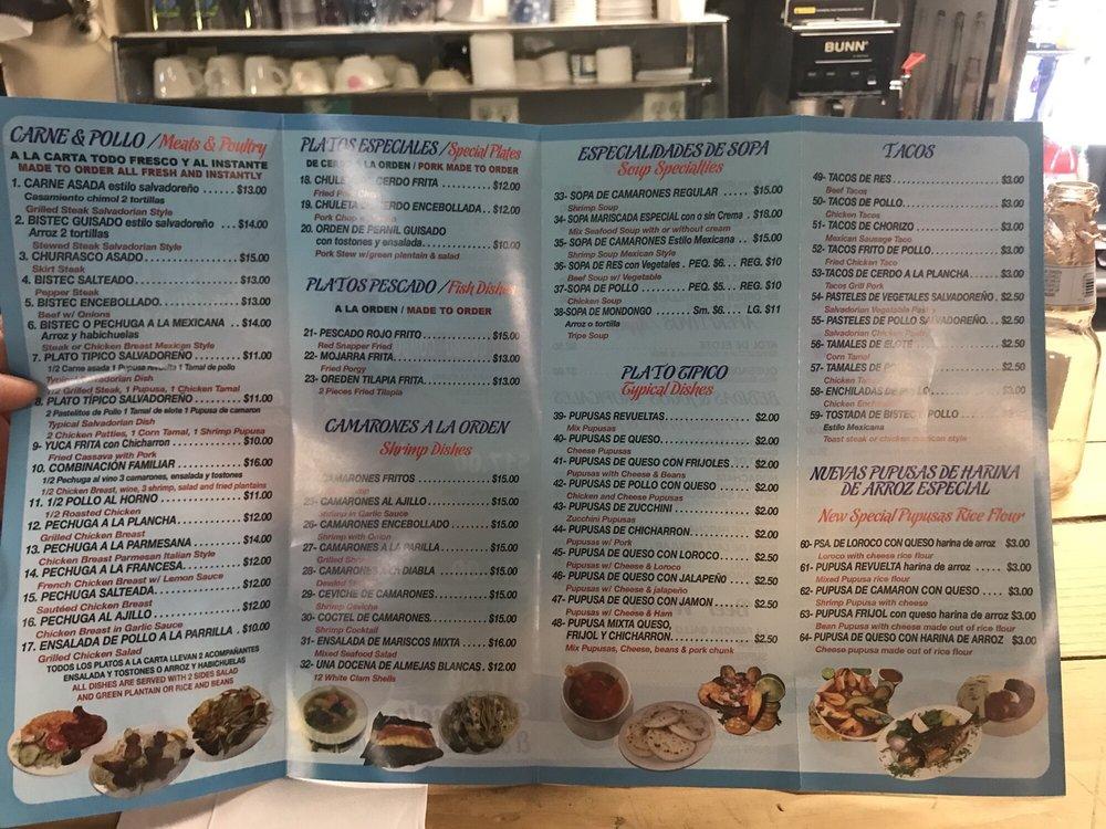 Menu at El Salvadoreño restaurant, New York City, 455 Morris Park Ave
