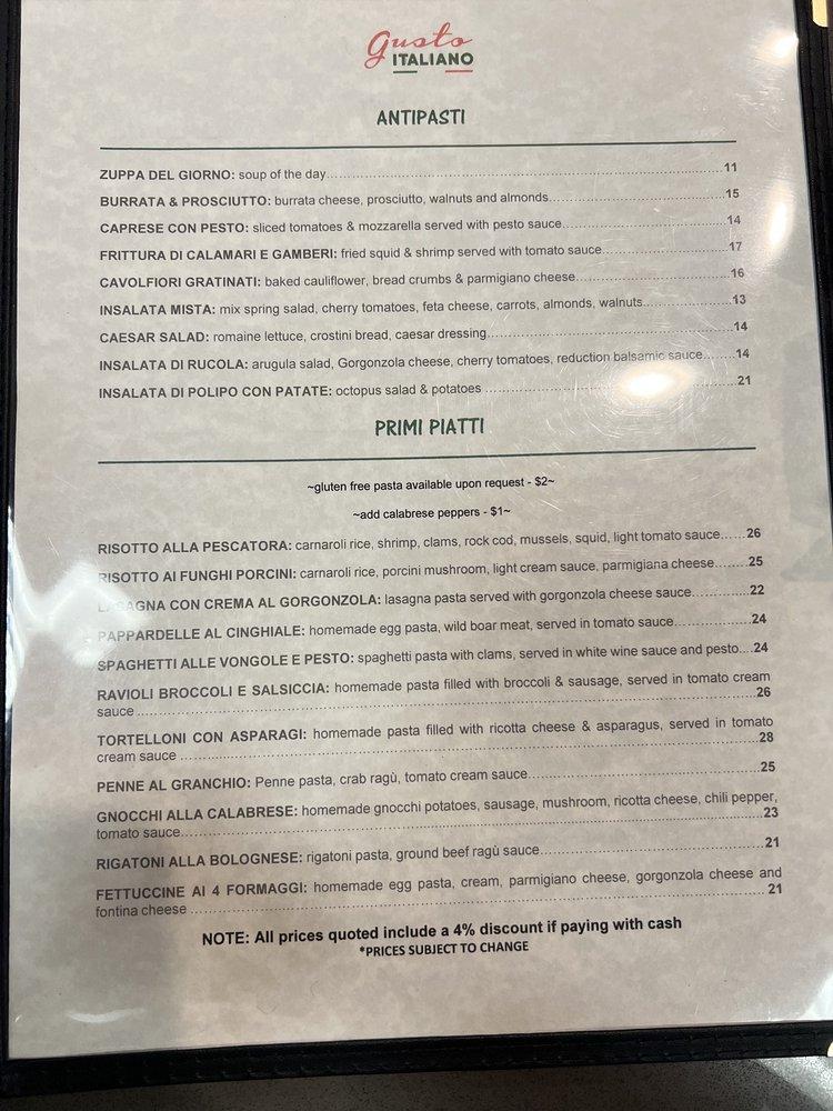 Menu at Gusto Italiano restaurant, Modesto