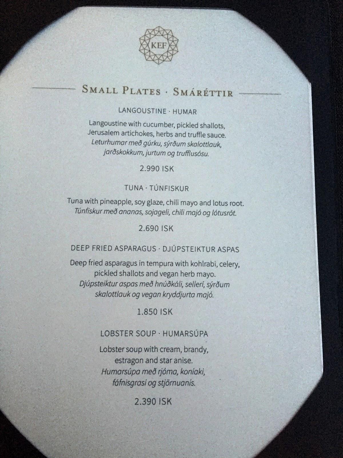 Menu at Kef Restaurant, Reykjanesbær