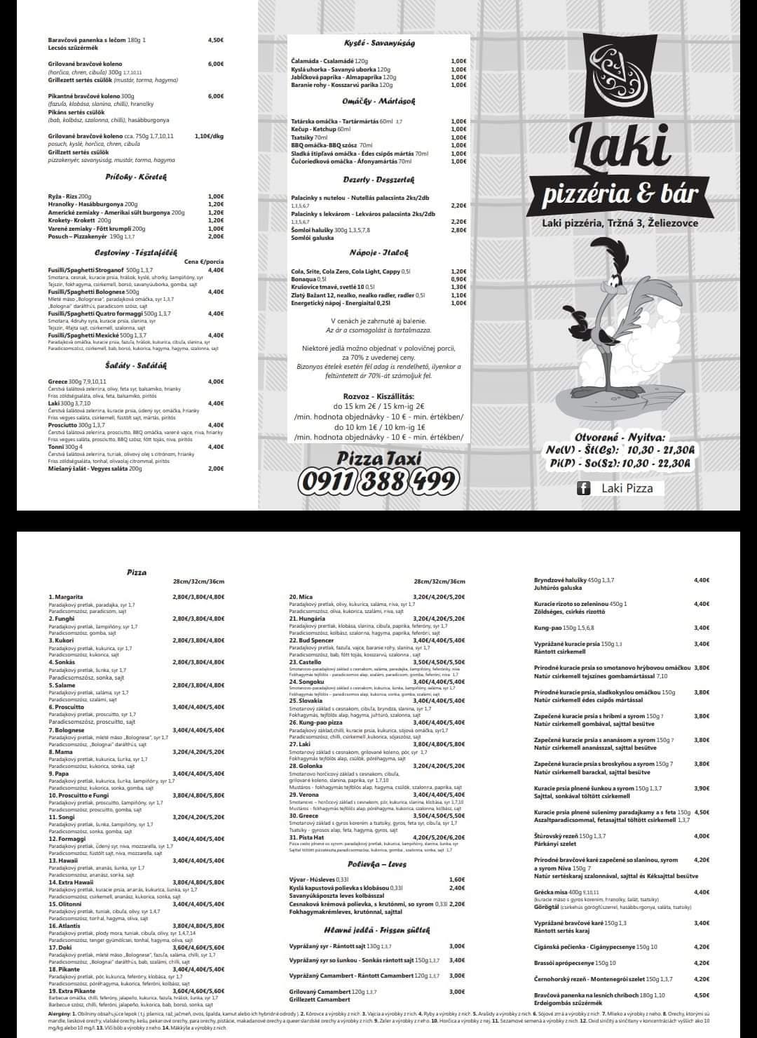 Menu at Laki pizzeria & bar, Želiezovce, Tržná 236/3