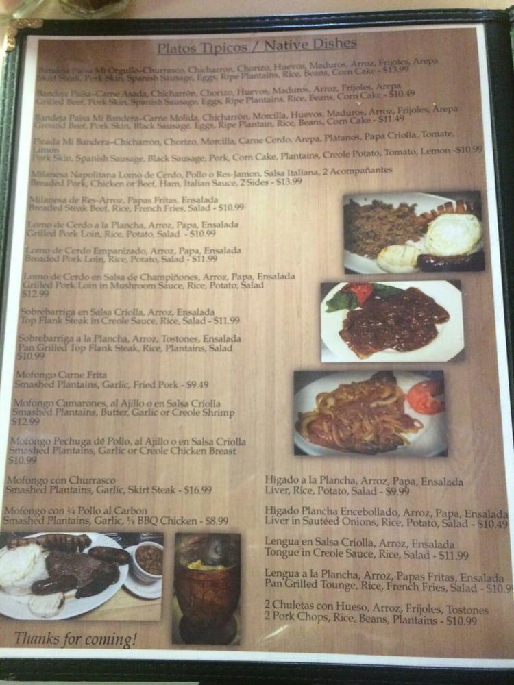 Menu at Mi Bandera restaurant, Tampa